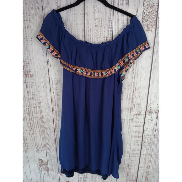 THML | Dresses | Thml Off The Shoulder Embroidered Dress Large Navy ...